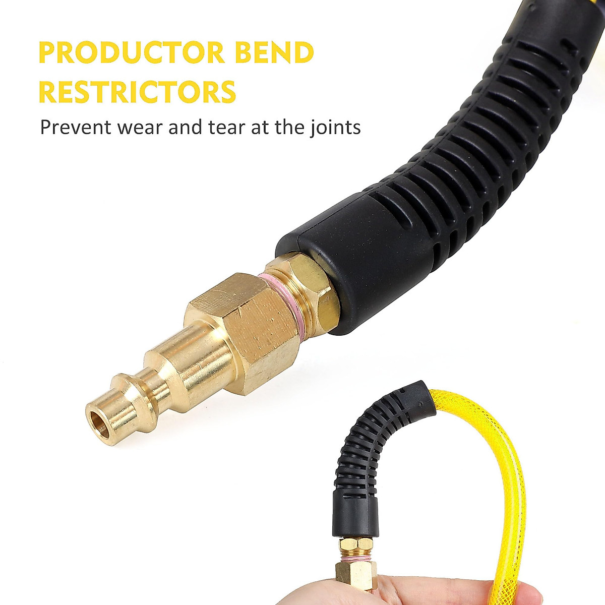 FYPower Air Compressor Hose 1/4 Inch x 100 Feet Reinforced Polyurethane (PU) Air Hose with Fittings, Bend Restrictors, 1/4" Industrial Quick Coupler and Plug Kit, Yellow