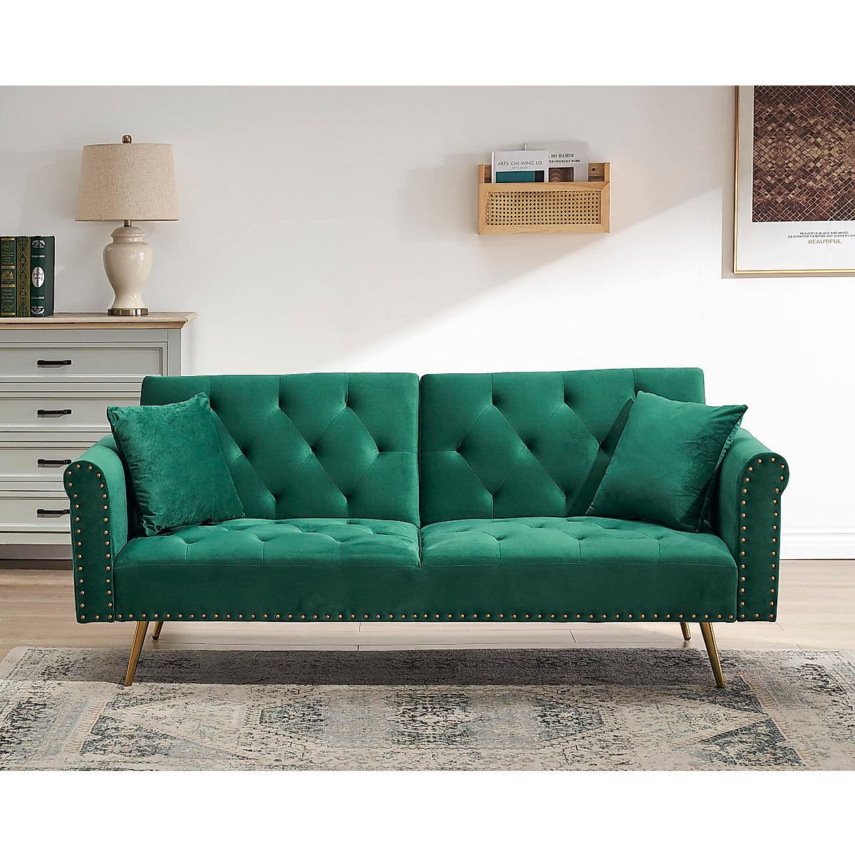 Eafurn Modern Velvet Upholstered Futon Bed Sectional Folding Recliner Sleeper Reversible Loveseat Convertible Daybed,3 Angles, Nailhead Tufted Sofa & Couches for Small Places, Green w/Naildhead Trim