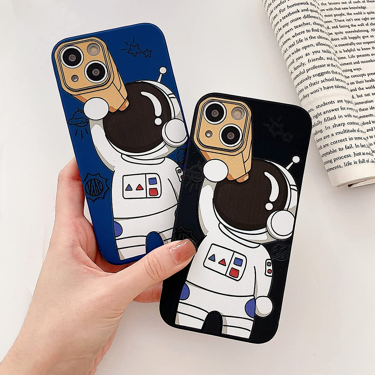 BeeTag Soft Silicone Case for iPhone 13 6.1 Inch with Wrist Lanyard Strap,Space Astronaut Design TPU Cartoon Graphics Bumper Shockproof Anti-Slip Protective Cover (LSJ),LANSJ