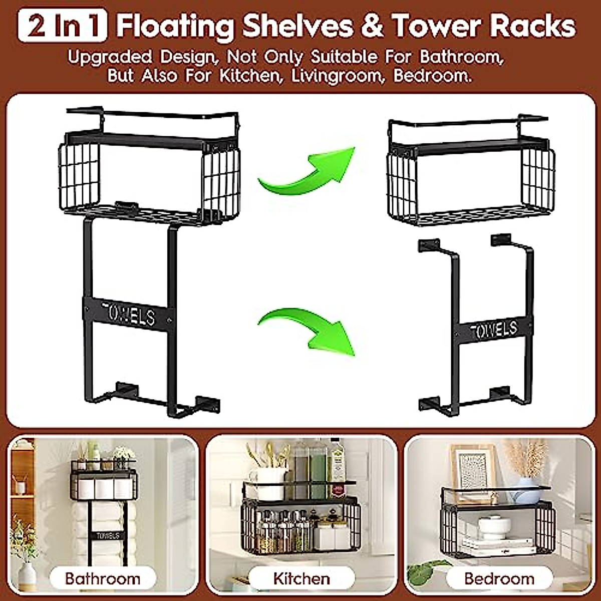 herehomi Floating Shelves for Wall, 2 in 1 Floating Shelves with Towel Racks for Bathroom, Bathroom Shelf Wall Shelf Towel Rack, Bathroom Towel Holder Bathroom Shelf Organizer Wall Mounted, Black