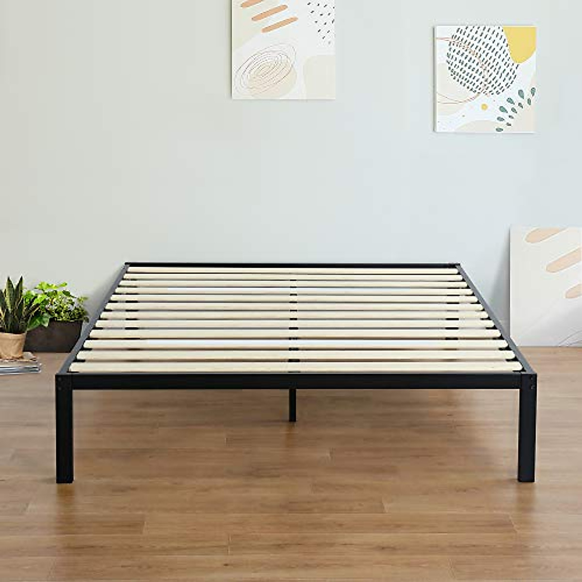 Olee Sleep 14 inch Modern Metal Platform Bed Frame / Mattress Foundation / Wood Slat Support / No Box Spring Needed, Full, Black