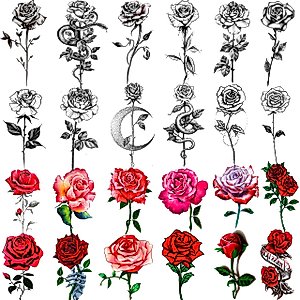 EGMBGM 24 Sheets Black Sketch Rose With Snake Temporary Tattoos For Women, Sexy Red Rose Branch Crescent Moon Tattoo Sticker For Girls, Waterproof Arm Leg Neck Fake Flowers Tattoo Temporary Tatoo Kit