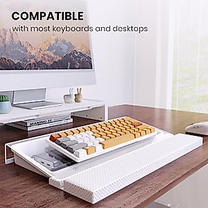 3 in 1 Keyboard Stand w/Wrist Rest and Storage Tray - Klearlook [Ultra Comfortable] PU Leather Wrist Pad & Acrylic Keyboard Riser, 16.9x7.3 inch Tilt Adjustable Computer Keyboard Stand Holder-White
