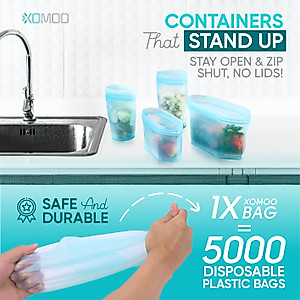 Reusable food container silicone bag, Upgrade second generation 6 Pcs Containers Storage, 100% Silicone Reusable Food Bag, Stand Up Preservation Bag, Rounded interior for easy cleaning.