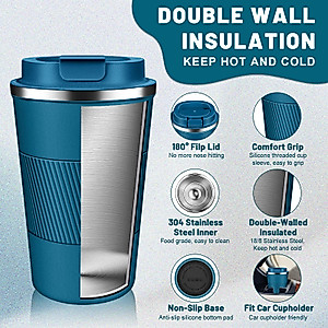 Insulated Coffee Tumblers with Flip Lid 12oz / 17oz, Stainless Steel Travel Coffee Mug Leak Proof, Vacuum Insulated Coffee Mug Thermos Cup, Keeps Cold and Hot for Coffee Tea