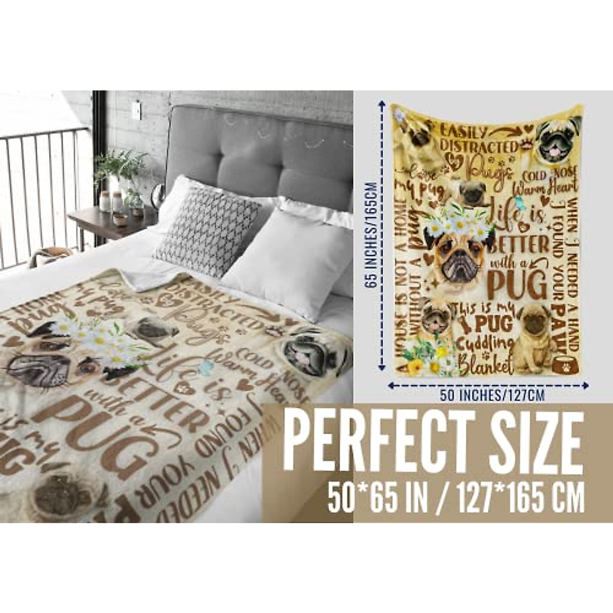 Pug Gifts for Pug Lovers, Pug Flannel Blanket for Pug Lovers, Soft Throw Blanket 50"x 65"