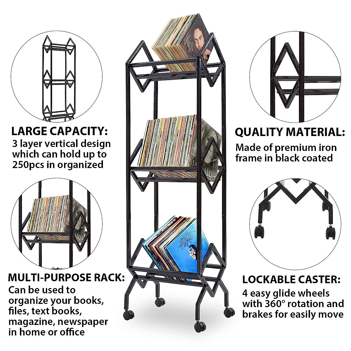 ERFEI Vinyl Record Storage Rack 3 Tier Vinyl Holder Multipurpose Book Magazine Files Display Stand with Casters for Bedroom Living Room Office