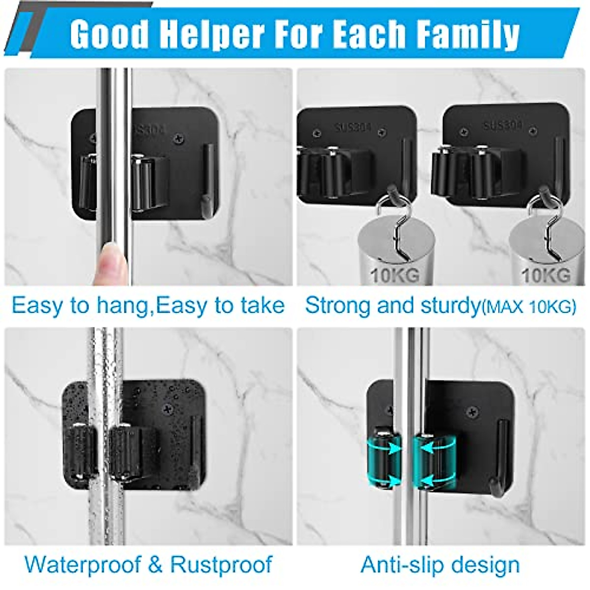 Broom Holder Wall Mount, Screw Drilling & No Drill Sturdy Heavy Duty Stainless Steel Wall Mounted, Broom Organizer Wall Mount with Hooks Hanger, Wall Holder for Bathroom, Garage, Kitchen, Garden