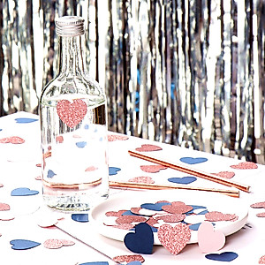 Navy-Blue Pink Rose-gold Heart Confetti - 300pcs Valentines Day Decor Glitter Paper Dots Gender Reveal Graduations Wedding Bachelorette Engagement Birthday Party Table Decorations Lasting Surprise