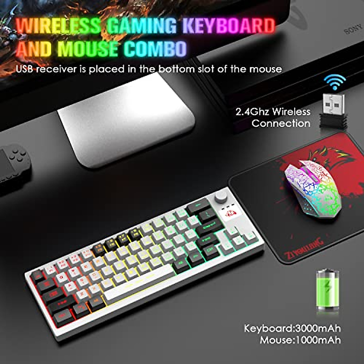 FELICON Small Wireles Gaming Keyboard and Mouse Combo, Rechargeable RGB Backlit 64 Keys Mini Double Color Keyboard and Crack Light Up Mouse, Mouse Pad for PC, MAC, Gamer