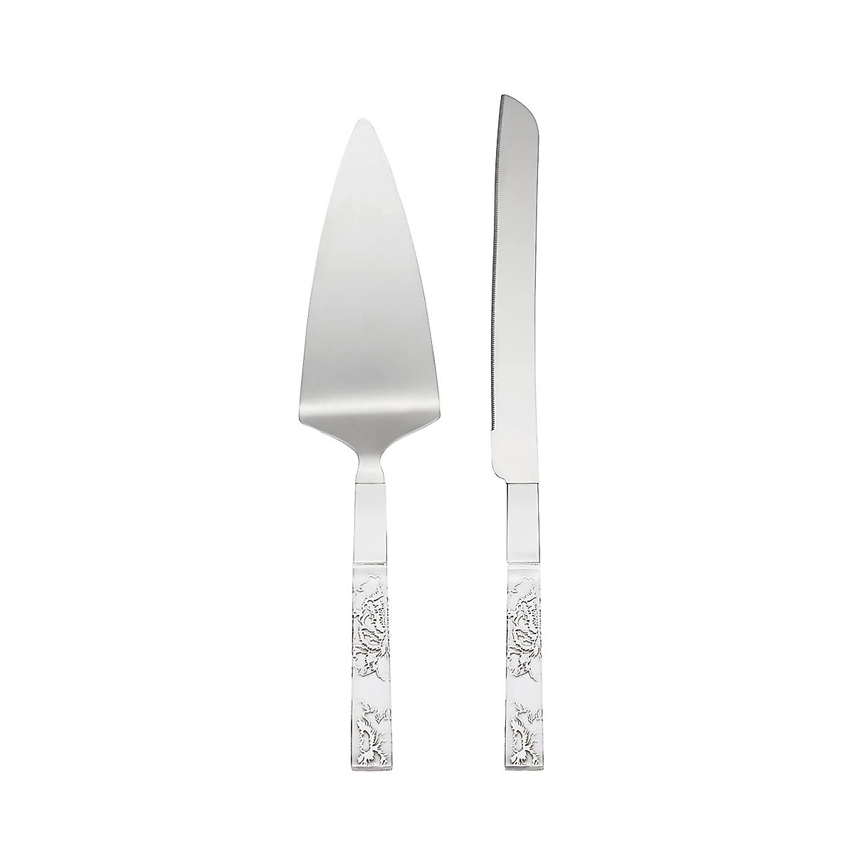 Lenox Bridal Silver Peony Personalized Wedding Cake Cutting Set, Custom Engraved Wedding Cake Knife and Server Set, Accessories and Gifts for Bride and Groom