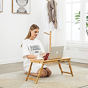 Laptop Desk Nnewvante Bamboo Laptop Table Adjustable Lap Tray Bed Serving Tray Breakfast Table Foldable Coffee Tea Table 5 Tilting Top Angles 4 Latches Large Size 27.95" x 13.8"
