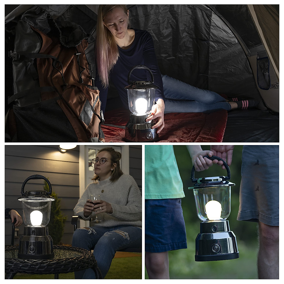 Enbrighten Brushed Nickel LED Camping Lantern, Battery Powered, 550 Lumens, 280 Hour Runtime, Carabiner Handle, Hiking Gear, Emergency Light, Blackout, Storm, Hurricane, 14210