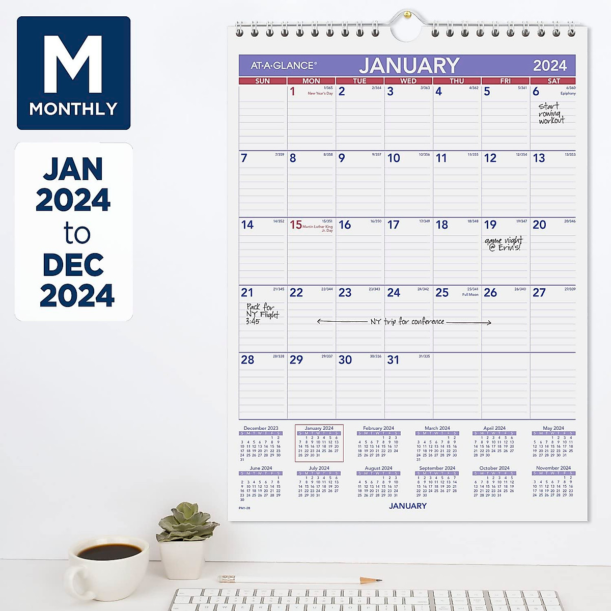 AT-A-GLANCE 2024 Wall Calendar, 8" x 11", Small, Ruled Blocks, Spiral Bound, Monthly (PM12824)