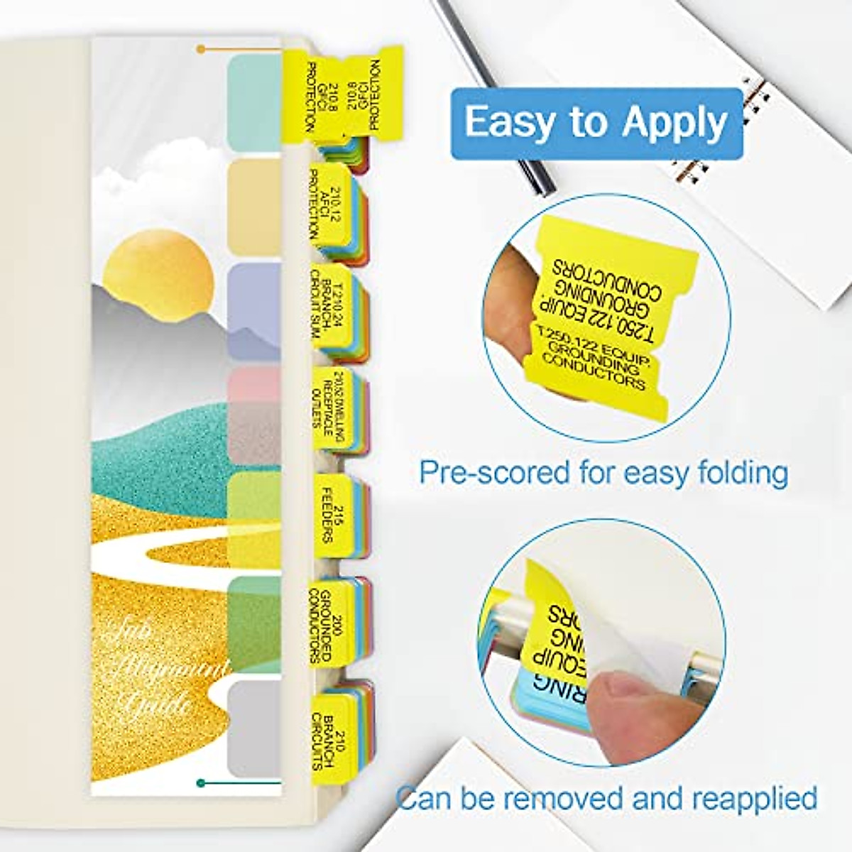 2023 NEC Code Book Tabs (Book not Included), 124 Printed NEC Tabs with 16 Blank Tabs, Color-Coded and Laminated, with Wire Chart & 2 Ohm's Law Stickers