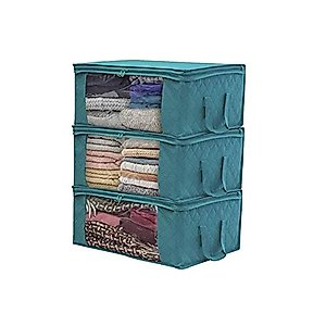 MMLL 3-Pack Fabric Clothes Storage Boxes, Bedding Large Storage Bags, Underbed Clothing Storage Box, Zipper Foldable Drawer Organizer, Used for Clothes, Blankets, Closets,19" L X 14" W X 8" H (Blue)