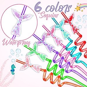 24 Pieces Mermaid Party Favors Glitter Mermaid Tail Straws Reusable Sparkly Drinking Straws for Mermaid Birthday Pool Party Supplies Decorations Gift Bag Fillers