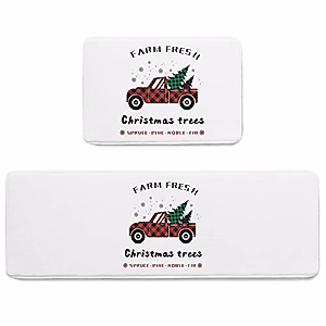 Kitchen Mat Rug Set of 2 Farm Fresh Christmas Tree,Red Buffalo Plaid Truck Runner Rug Anti-Fatigue Comfort Memory Foam Standing Mat Non-Slip Floor Door Mat for Bathroom Bedroom 20x32in+20x47in