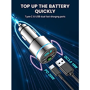 FM Transmitter for Car Bluetooth 5.3, RIWUSI [All-Metal] PD 20W & QC3.0 18W Fast Car Charger, Wireless FM Radio Car Kit Bluetooth Car Adapter, Noise Cancelling Hands-Free Call, Hi-Fi Music, Blue Light