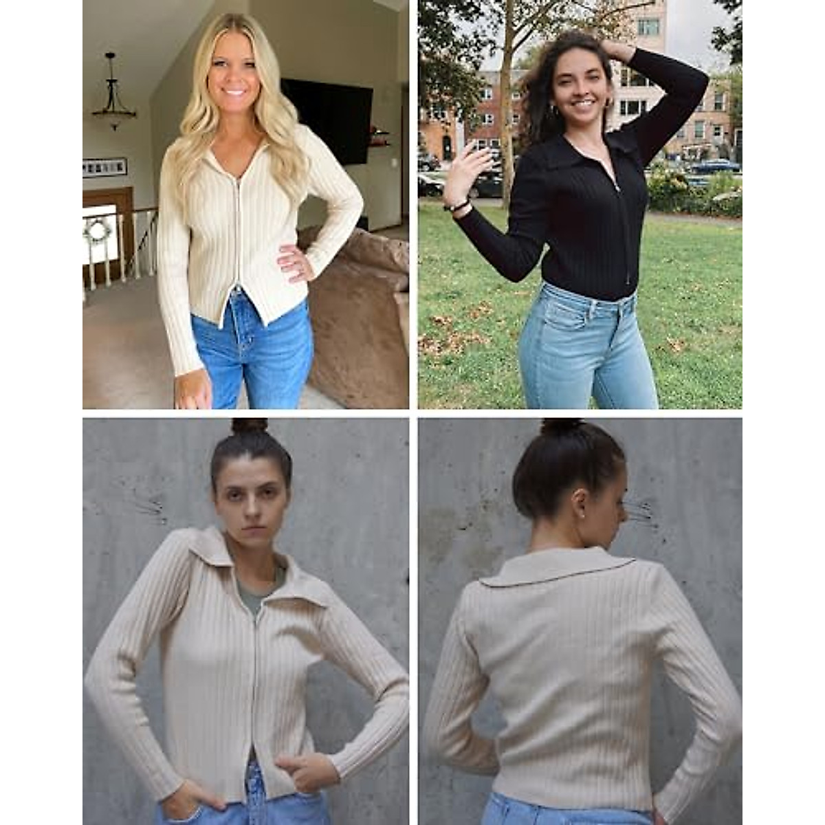 ZAFUL Women's Zip Up Sweater Long Sleeve Polo V Neck Ribbed Knit Slim Cropped Sweater Pullover Jumper Tops (0-Black, M)