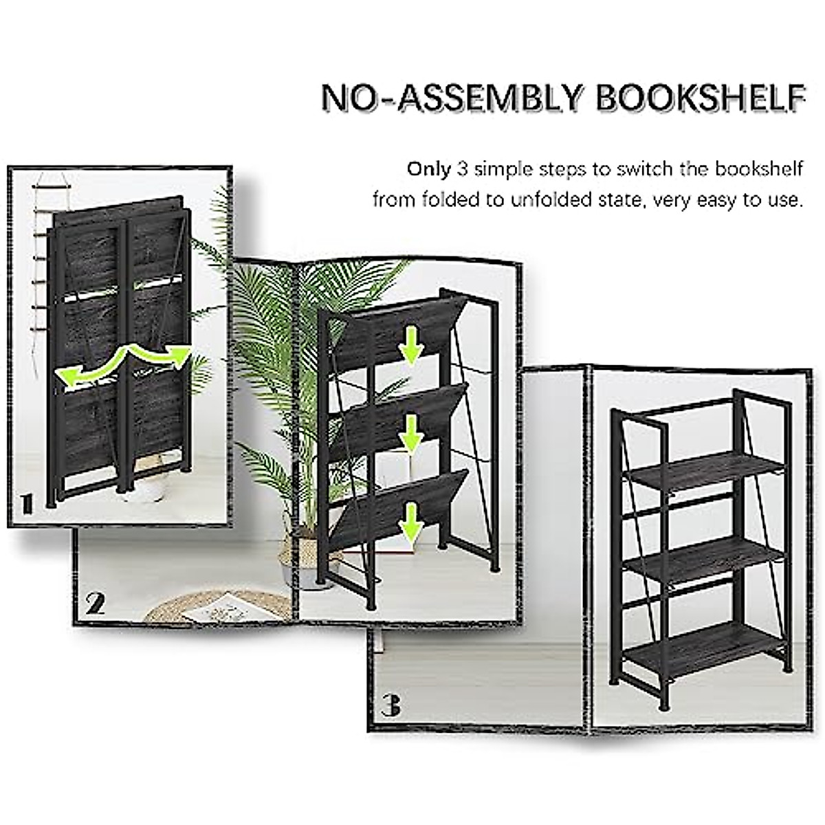 4NM No-Assembly Folding Bookshelf Storage Shelves 3 Tiers Vintage Bookcase Standing Racks Study Organizer Home Office (Gray and Black)