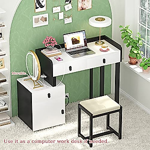 Vanity Desk with Lighted Mirror & Power Outlets, 44'' Makeup Vanity Set with Lights & 3 Drawers, Vanity Mirror with Lights Desk & Chair, Dressing Table with Reversible Cabinet & Stool, White & Black