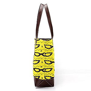 Leather Canvas Tote Shoulder Bag Yellow Cat Eye Glasses Pattern