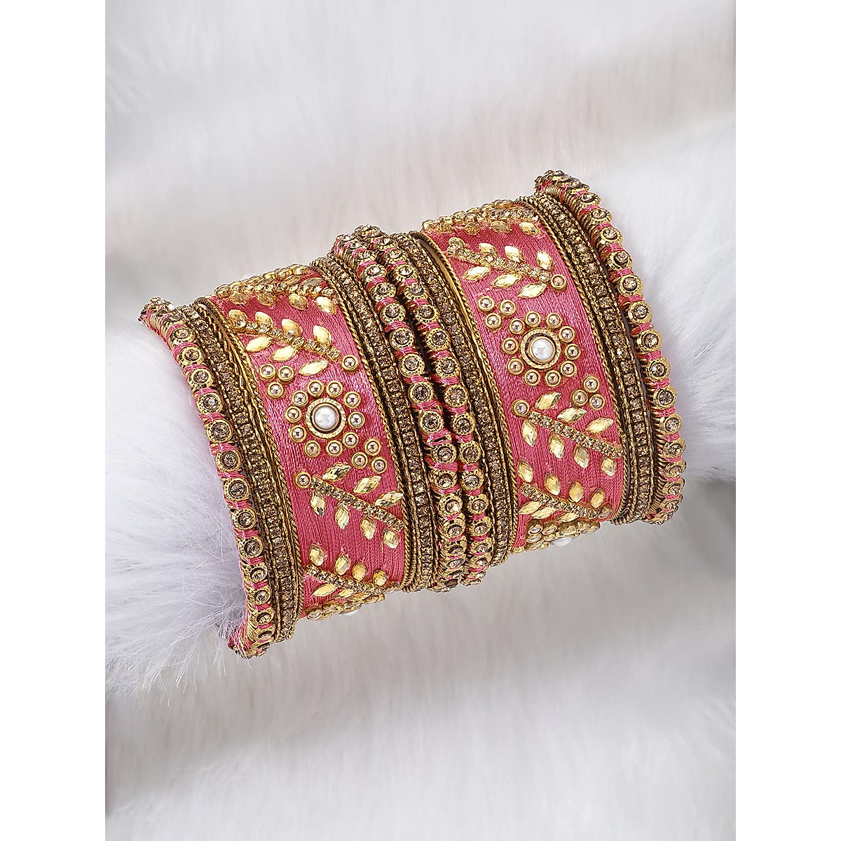 Aheli Traditional Wedding Designer Silk Thread Faux Stone Studded Bridal Bangle Set Chuda Indian Ethnic Bollywood Fashion Jewelry for Women (Pink)