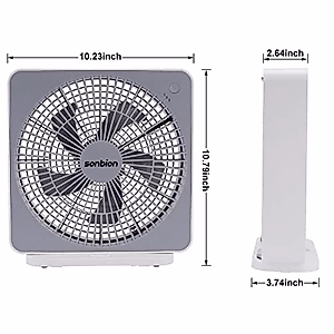 SONBION Box Fan, Three Speeds Window Table Cooling Fan 10 Inch DC Desk Fan with Plug-In AC Adapter, Strong Wind,Quiet Operation Work Fan for Home Bedroom Office Desk Outdoor Travel
