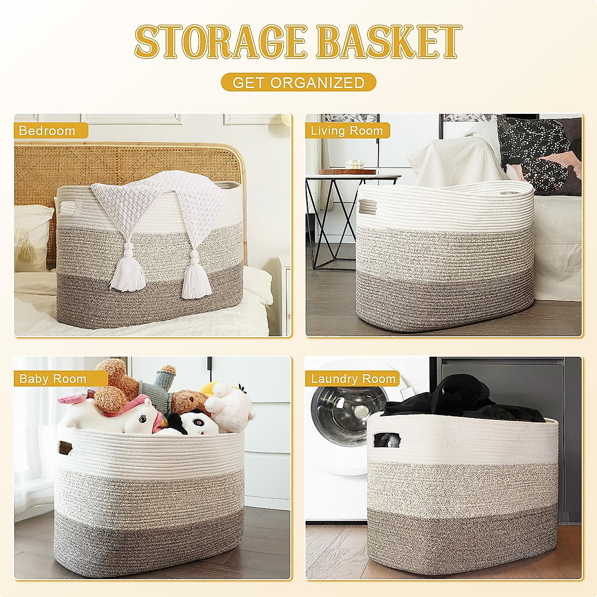 AROPEME XXXXL Large Storage Basket for Organizing, 25"x13"x16" Laundry Basket, Cotton Rope Basket, Blanket Basket Living Room, Woven Toy Basket for Baby, Nursery Storage Bin, Gradient Brown