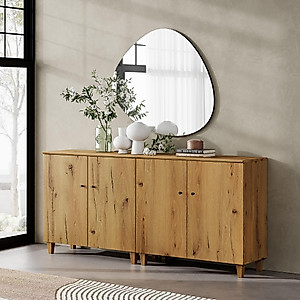 WAMPAT Wide Dresser Chest with Doors for Bedroom, 2-in-1 Rustic Oak Brown Wood Closet Storage Organizer with 6 Compartments for Kids Room, Nursery, 70.8x15.3x32.4