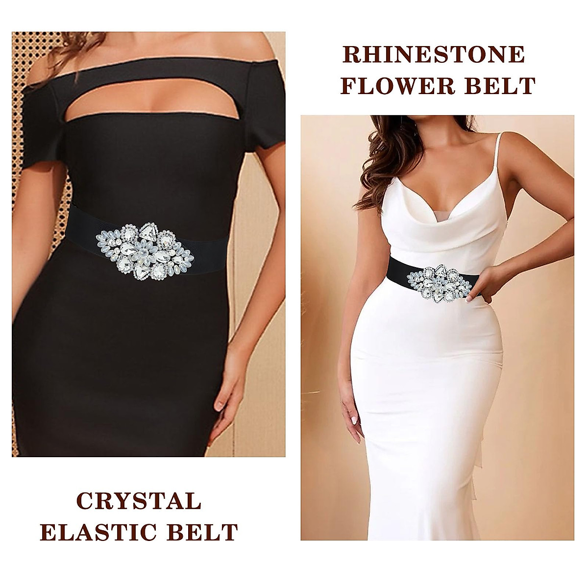 Wriidy Rhinestone Elastic Belt Black Women's Stretch Belt Dress Wide Crystal Flower Belts Waist Jewelry Accessories for Girls