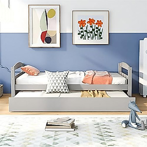 LLS Twin Size Daybed with Trundle, Solid Wood Daybed Frame with Headboard and Footboard, Space Saving Platform Bed Sofa Bed with Sturdy Slats Support, No Box Spring Needed, Gray