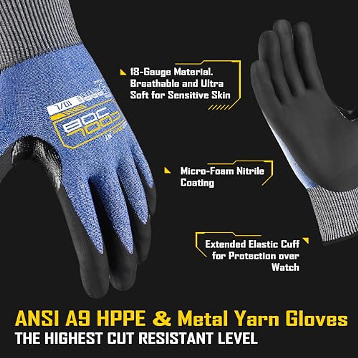 COOLJOB ANSI A9 Cut Resistant Gloves - 1/3 Pairs, Touchscreen Highest Knife Proof Level with Microfoam Nitrile Coated, Safety Work Gloves for Wood Carving, Glass Work, Construction, Blue XXL
