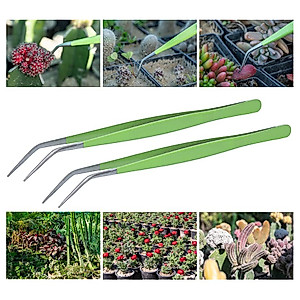 HADIZ Stainless Steel Garden Tweezer Two Piece Set with Curved Tip Tweezers for Cactus and Succulents Gardening