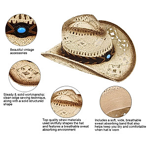 Livingston Cowboy Hat Men & Women's Woven Straw Cowgirl Hat w/Hat Band Straw, Bead Beige