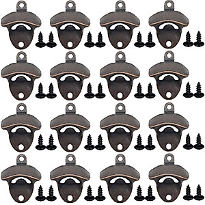 YOOHUA 16PCS Wall Mount Bottle Opener Kit with Screws, Vintage Rustic Bar Bottle Opener Wall Mount Rustic Beer Cap Opener with Mounting Screws for Kitchen Cafe Bars(Red Bronze)