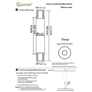 Aquaiaw Shower Arm and O-Ring Flange, 6 inch, Solid Brass, Round, Both Soldered 1/2 NPT Tapered Threads, Straight Shower Arm Extension, Ceiling Shower Head Arm for Rainfall Shower (Matte Black)