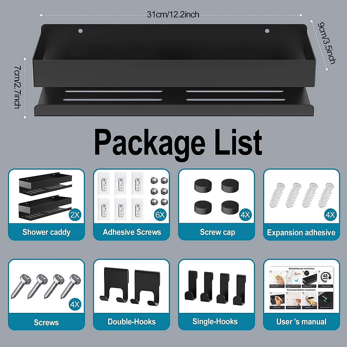 OJLUOJ Shower Caddy Storage 2 Pack Black Adhesive Stainless Steel Shower Shelves With 6 Holder Hooks Bath Organizers Bathroom Shower Rack