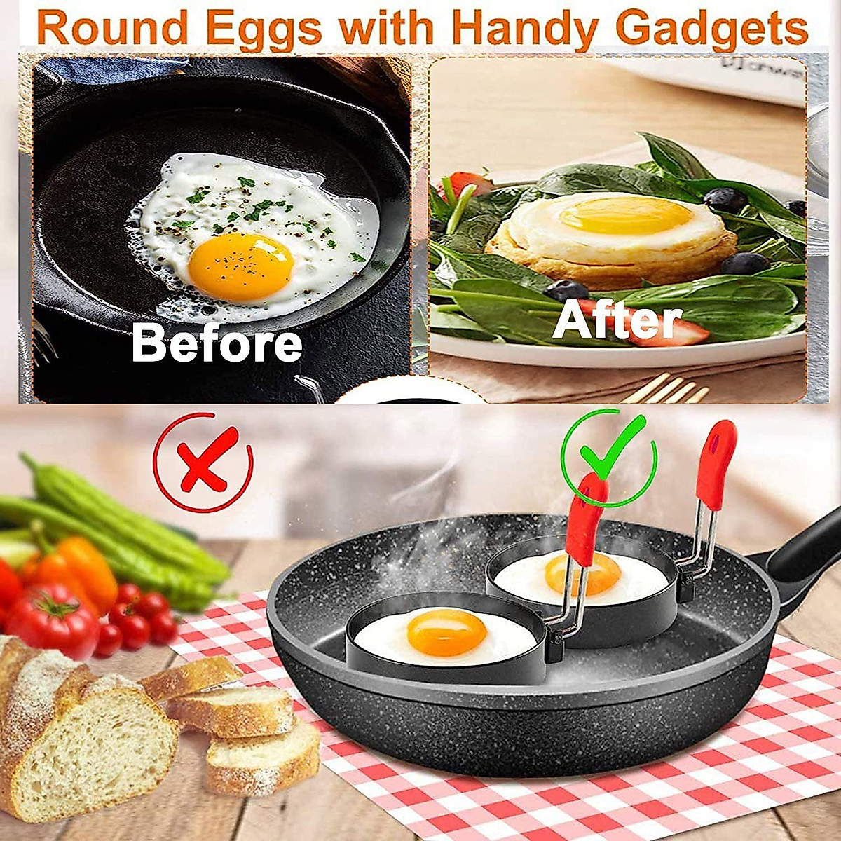 Egg Rings Set of 4, Non-stick Stainless Steel Egg Ring, Cooking Rings with Anti-scalding Handle for Camping and Breakfast (Oil Brush Included)