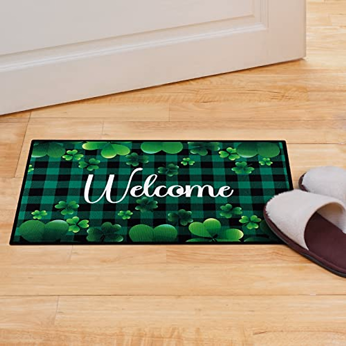 Timtin St. Patrick's Day Doormat Lucky Green Shamrocks St. Patrick's Day Doormat Irish Plaid Welcome Mat Non Slip Rubber Area Rugs for Bathroom Entrance Front Door Indoor Outdoor 15.7 x 23.6 Inch