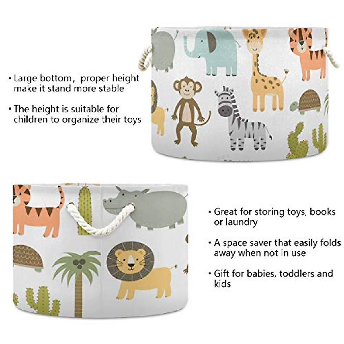 AJINGA Collapsible Round Storage Basket Fabric Toy Chest Organizer, Cute Safari Animals Giraffe Lion Hippo Crocodile Laundry Basket with Drawstrings for Kids