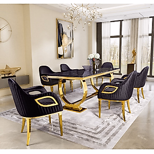ACEDÉCOR Modern Dining Room Table with Gold Stainless Steel Metal U-Base in Black Gold