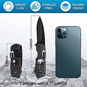 Pocket Knife, Christmas Stocking Stuffers 7 In 1 Multitool Stainless Steel Folding Knife with Screwdrivers Safety Lock Camping Accessories Survival Gear Gifts for Him Men Dad Husband Boyfriend (Black)