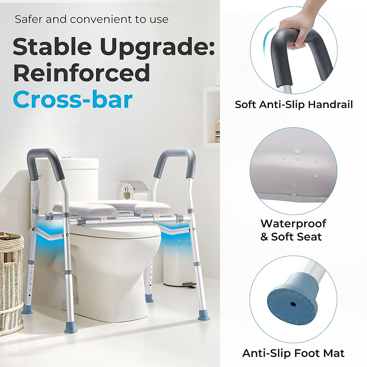 HEAO 3-in-1 Raised Toilet Seat, Adjustable Width/Height, Padded Seat with Splash Guard, Toilet Safety Frame, Shower Chair for Seniors, Handicap,Pregnant, 300 lbs