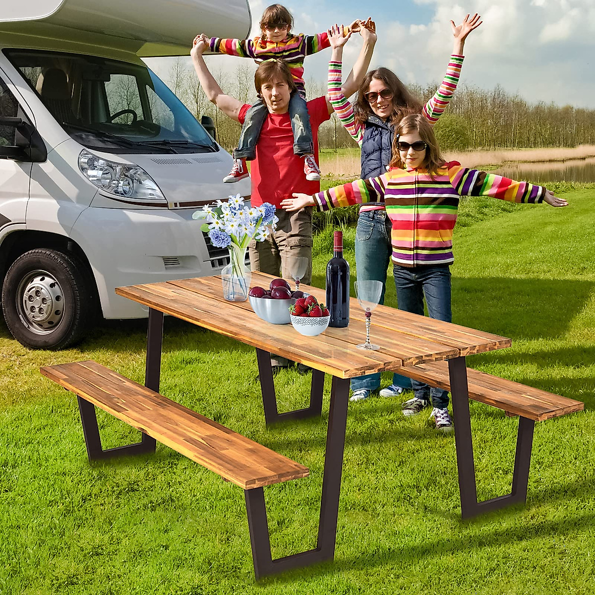 HAPPYGRILL Outdoor Picnic Table Bench Set with Wooden Top & Steel Frame, Patio Dining Picnic Table Set with Umbrella Hole for Garden Backyard