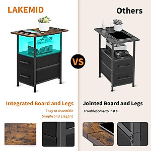 LAKEMID Narrow Side Table Set 2 with LED Light and USB C Port, Night Stand with Charging Station, Skinny End Table with 2 Fabric Drawers, for Bedroom, Living Room, Rustic Brown