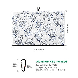 Golf Towel Pastoral Blue Leaves Seamless White,Waffle Pattern Microfiber Club Cleaner Golf Towels with Carabiner Clip for Women Men Dad,Aesthetic Botanical Art Golf Towel for Golf Bags,24x16in