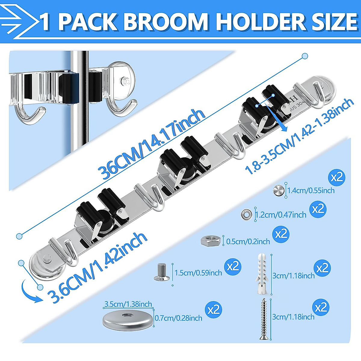 3-H Magnetic Broom Holder Wall Mounted 1 Pack, Strong Magnetic Broom Hooks, Heavy Duty Magnet Broom Organizer Wall Mounted,Anti-slip Utility Storage Tools Rack for Home Kitchen Workshop Laundry Garage