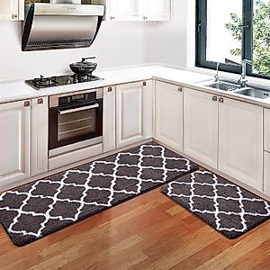 KMAT Kitchen Rugs and Mats [2 PCS] Super Absorbent Microfiber Kitchen Mat Non Slip Machine Washable Runner Carpets (Chocolate-17.3" x28+17.3"x47")